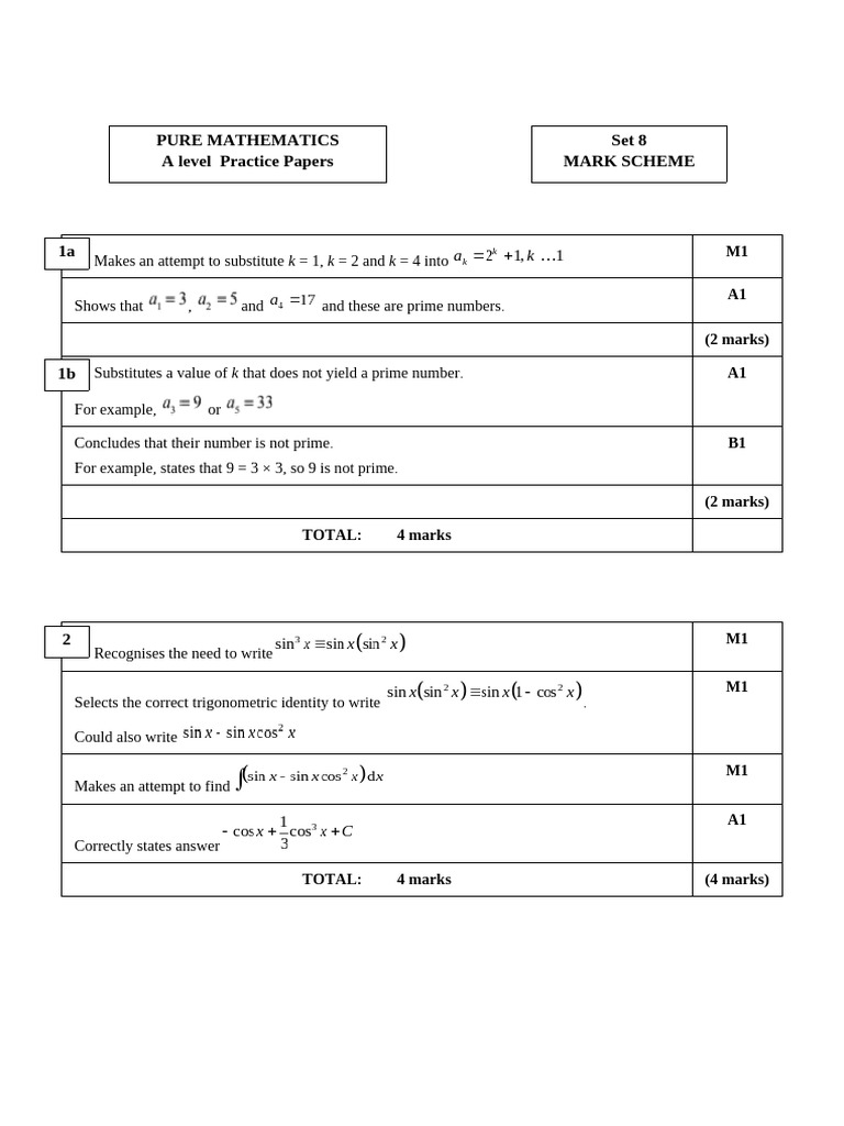 08 9MA0 01 9MA0 02 A Level Pure Mathematics Practice Set 8 Mark Scheme ...
