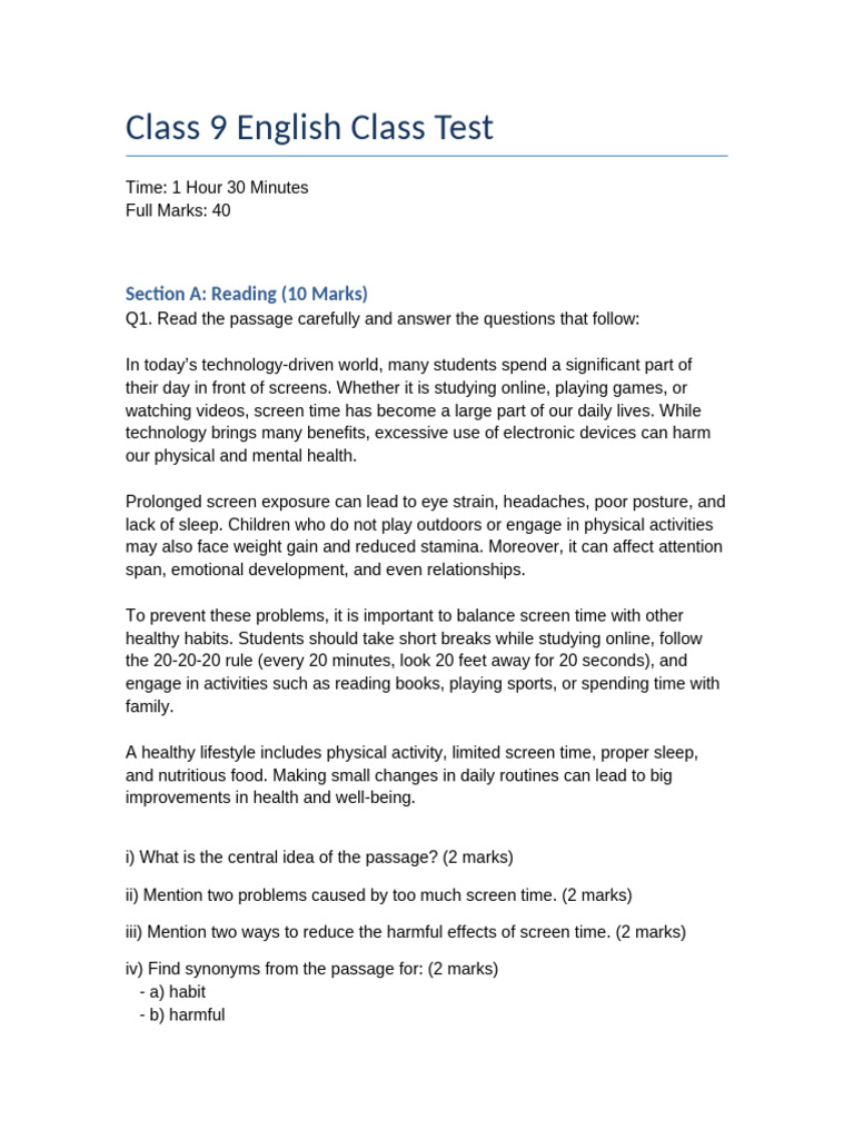Class 9 English Test Paper | PDF | Psychology