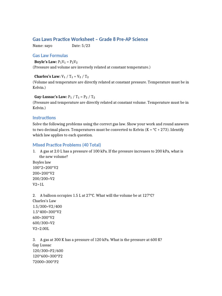 Gas Laws Worksheet Grade8 40Q 1 | PDF | Gases | Pressure