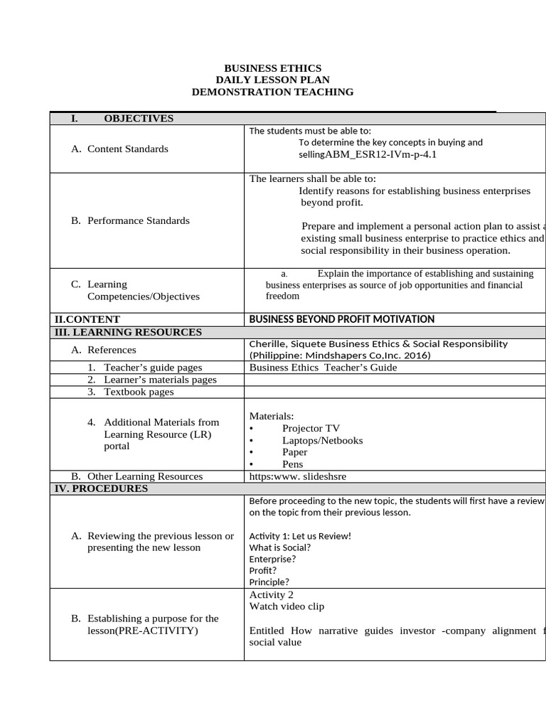 Business Ethics Lesson Plan Guide | PDF | Learning | Business Ethics
