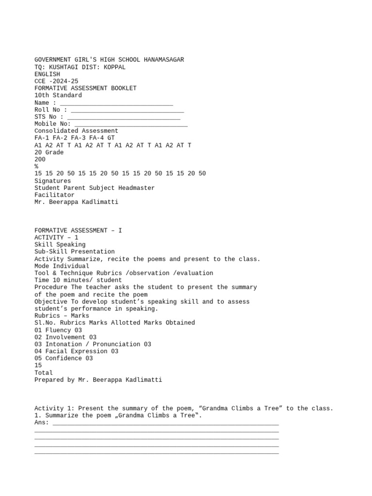 10th Grade Formative Assessment Booklet | PDF | Rubric (Academic ...