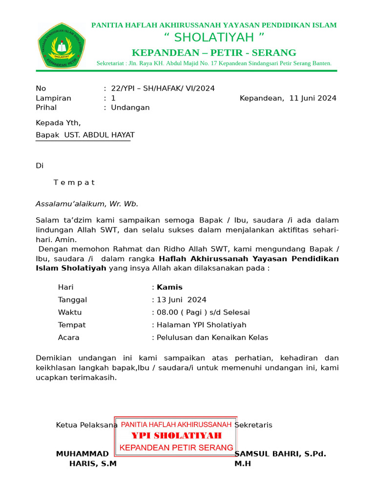 Undangan Haflah Akhirussanah YPI Sholatiyah | PDF
