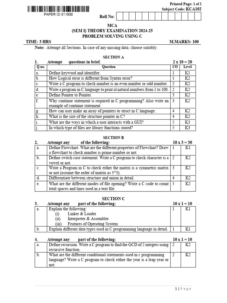 Kca102 Problem Solving Using C | PDF | Pointer (Computer Programming) | C (Programming Language)
