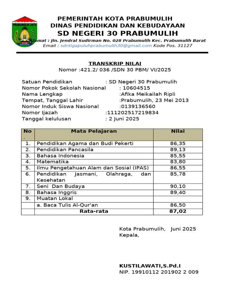 Contoh Transkrip Nilai Kurikulum Merdeka Viks | PDF