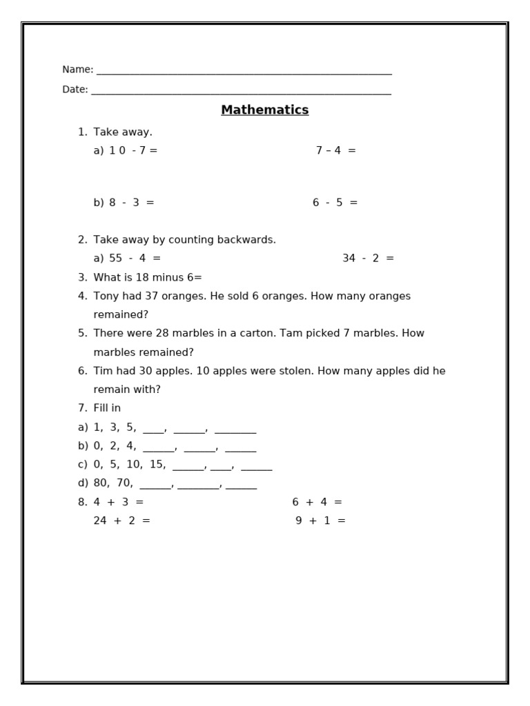 Basic Math Subtraction Exercises Pdf