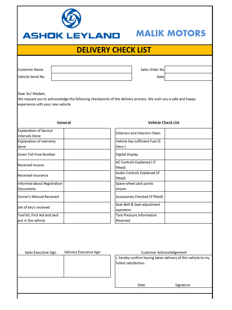 New Car Delivery Checklist India | PDF