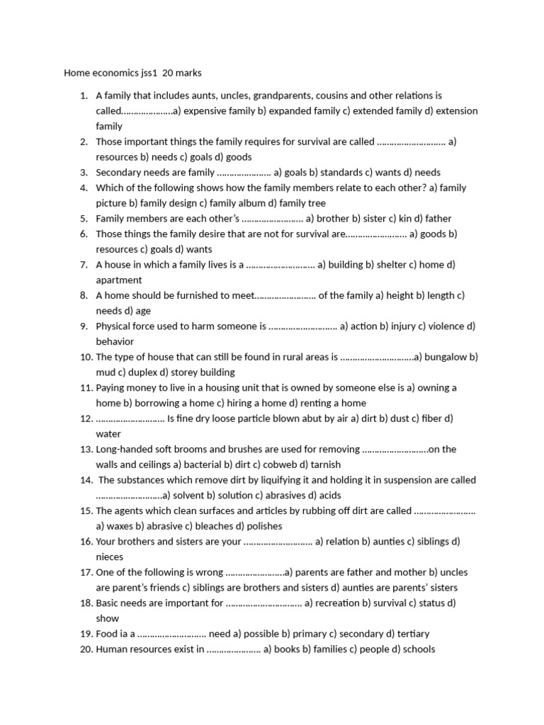 Home Economics Jss1 20 Marks | PDF | Family | Waste