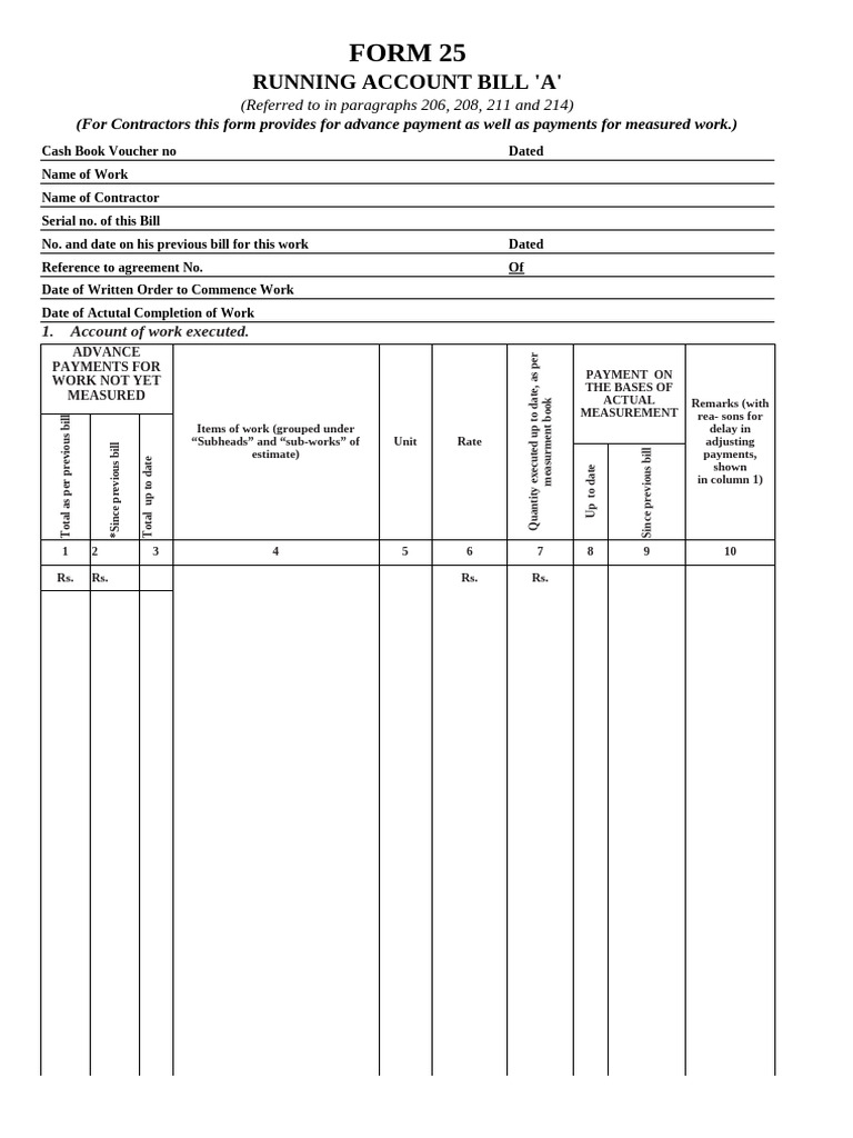 Form 25: Running Account Bill A | PDF | Payments | Cheque