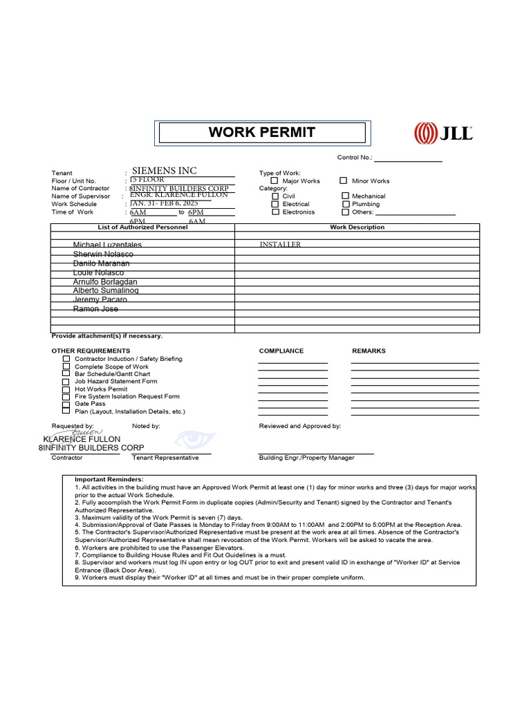 8Infinity Builders Corp Work Permit | PDF