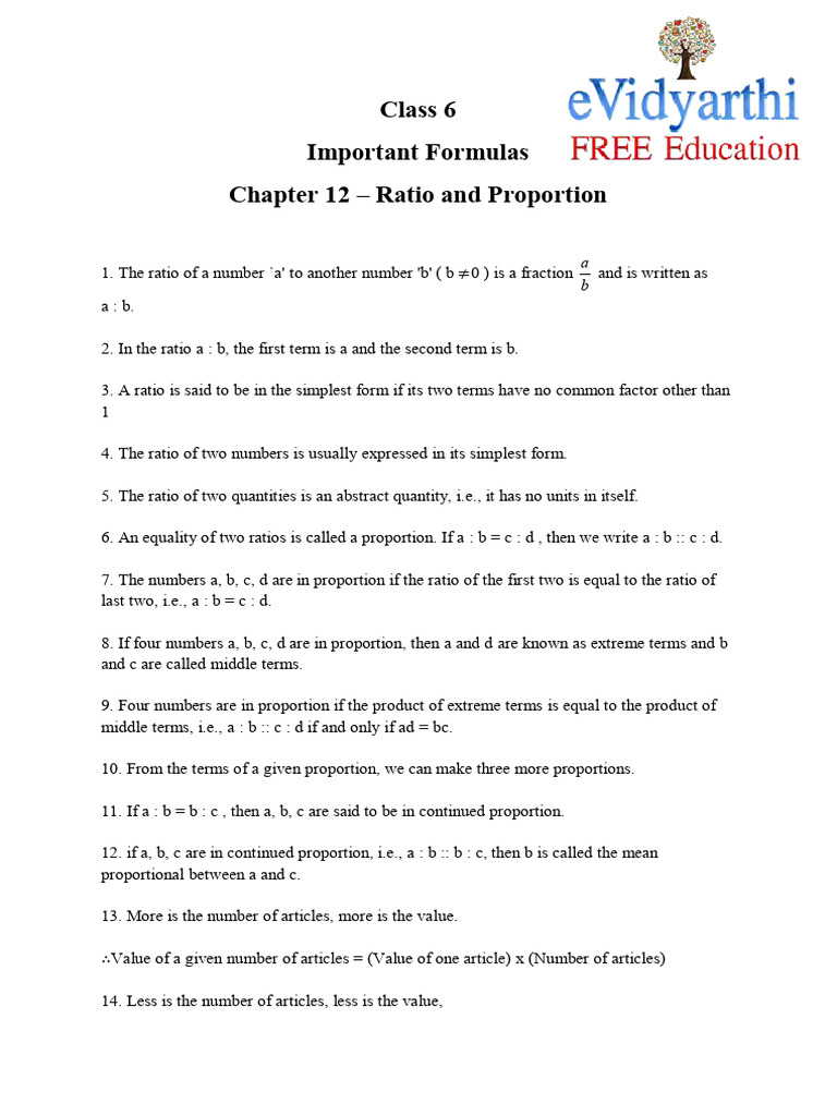 Class 6 Chapter 12 Maths Important Formulas | PDF | Ratio | Numbers