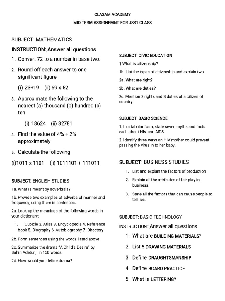 Jss 1 Mid-Term Assignment For Second Term | PDF | Livestock