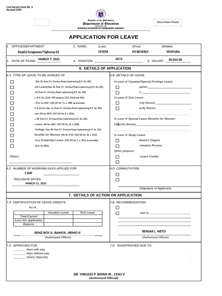 CS Form No. 6 Revised 2020 Application For Leave Fillable 2 | PDF | Parental Leave
