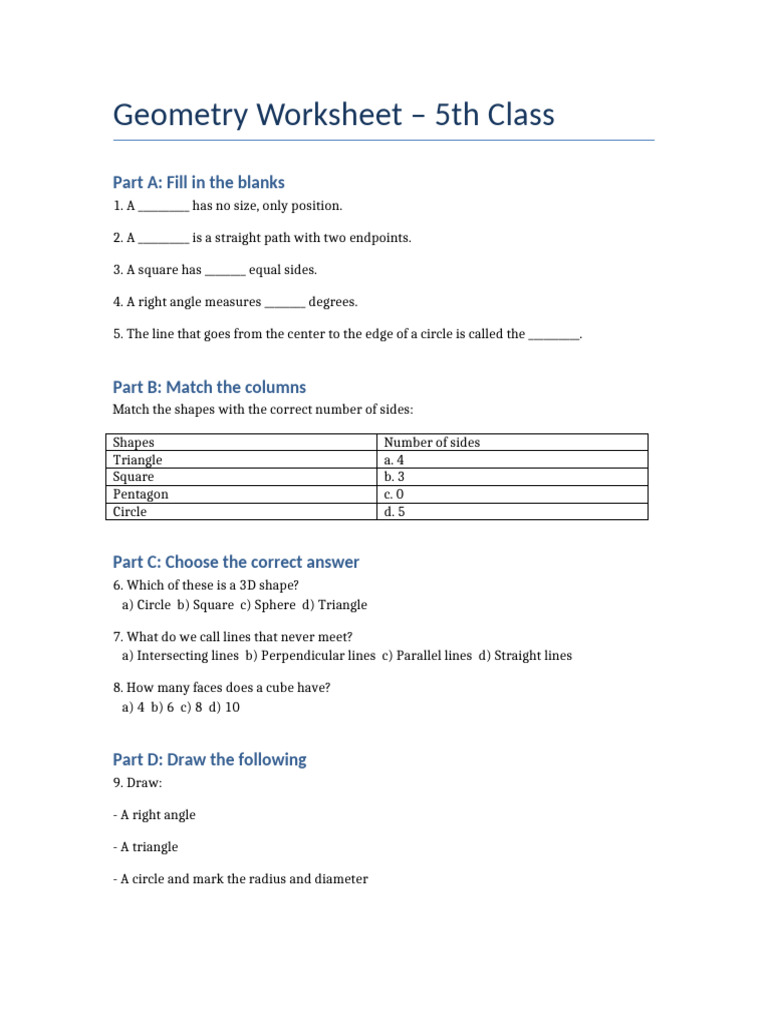 Geometry Worksheet 5th Class | PDF