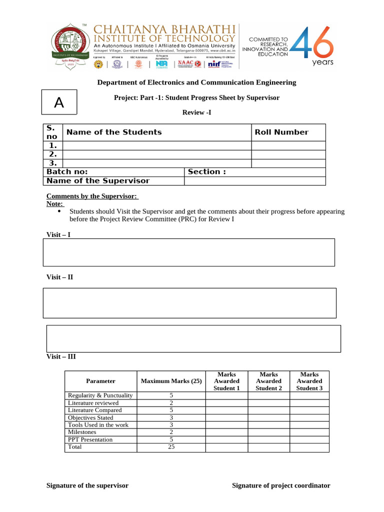 Student Progress Sheet by Supervisor - Review 1 | PDF
