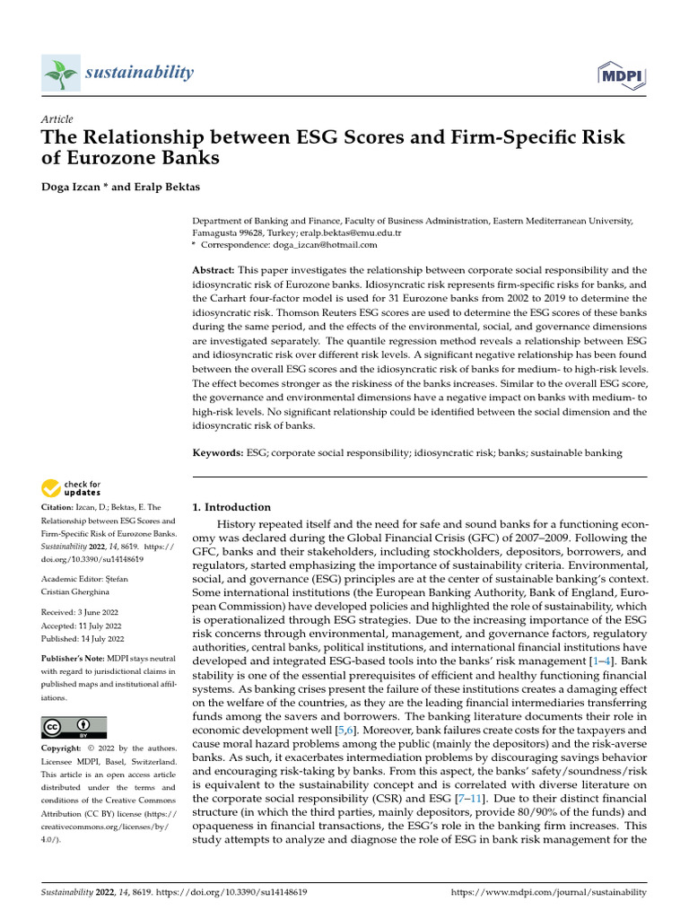 ESG Scores and Risk in Eurozone Banks | PDF | Financial Risk ...