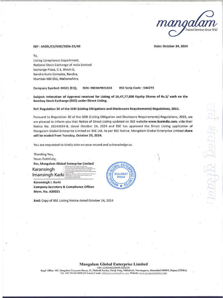 MGEL 24102024191559 Letter To NSE For BSE Liting Approvalsigned | PDF ...