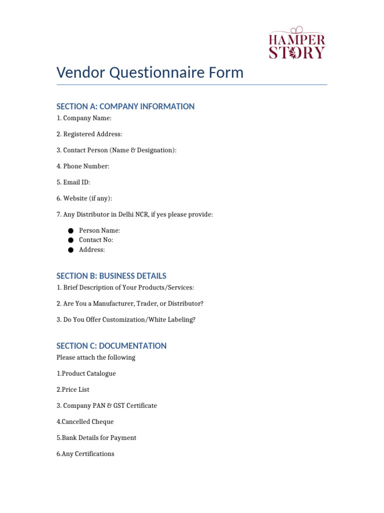 Vendor Questionnaire Form Template | PDF