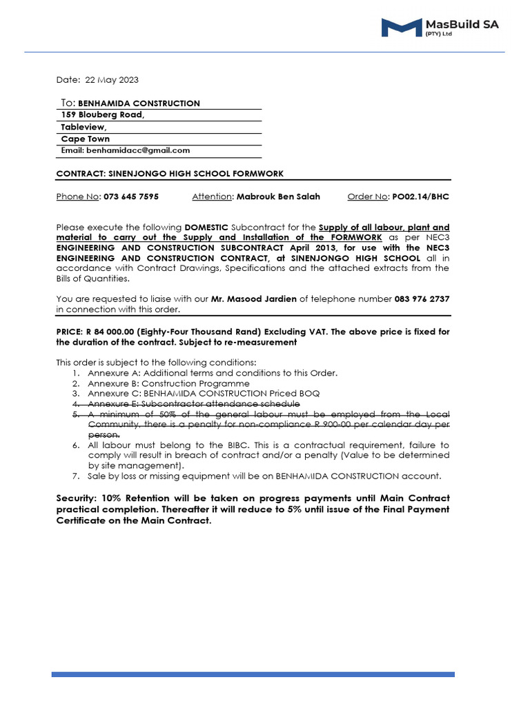 Formwork Subcontractor Appointment | PDF | Subcontractor | General ...