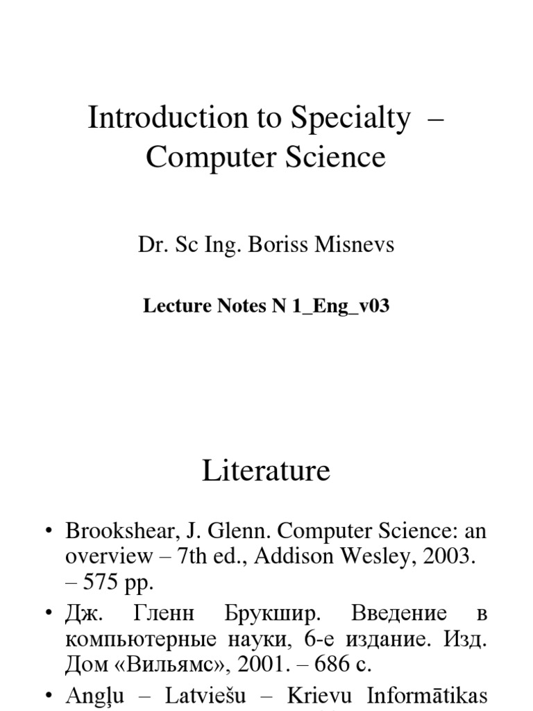 Introduction To Specialty - Computer Science: Dr. SC Ing. Boriss ...