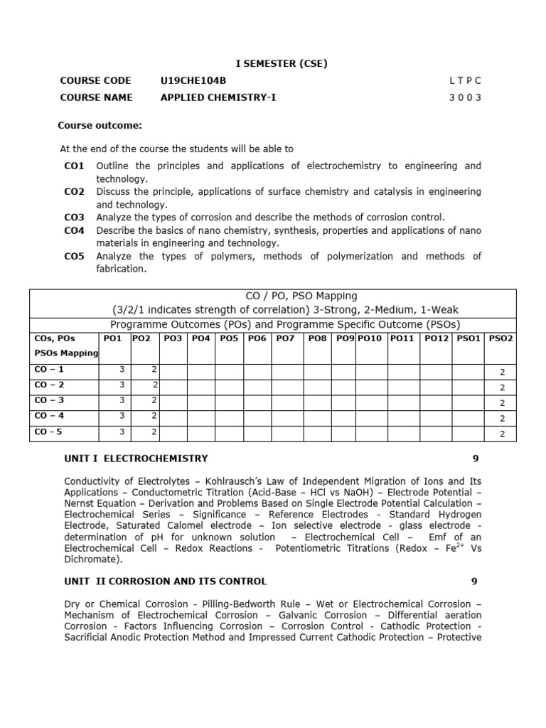 Applied Chemistry-I Syllabus (CSE) | PDF | Corrosion | Adsorption