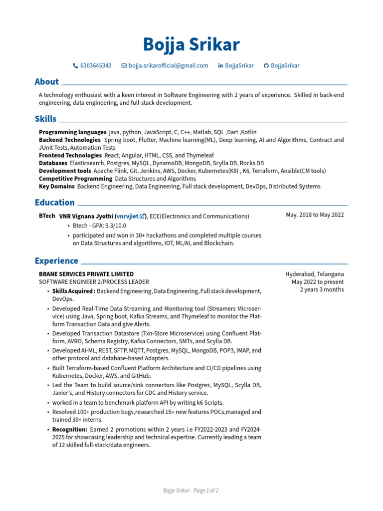 Bojja Srikar Job Resume (1) - 1 | PDF | Information Technology | Software Engineering