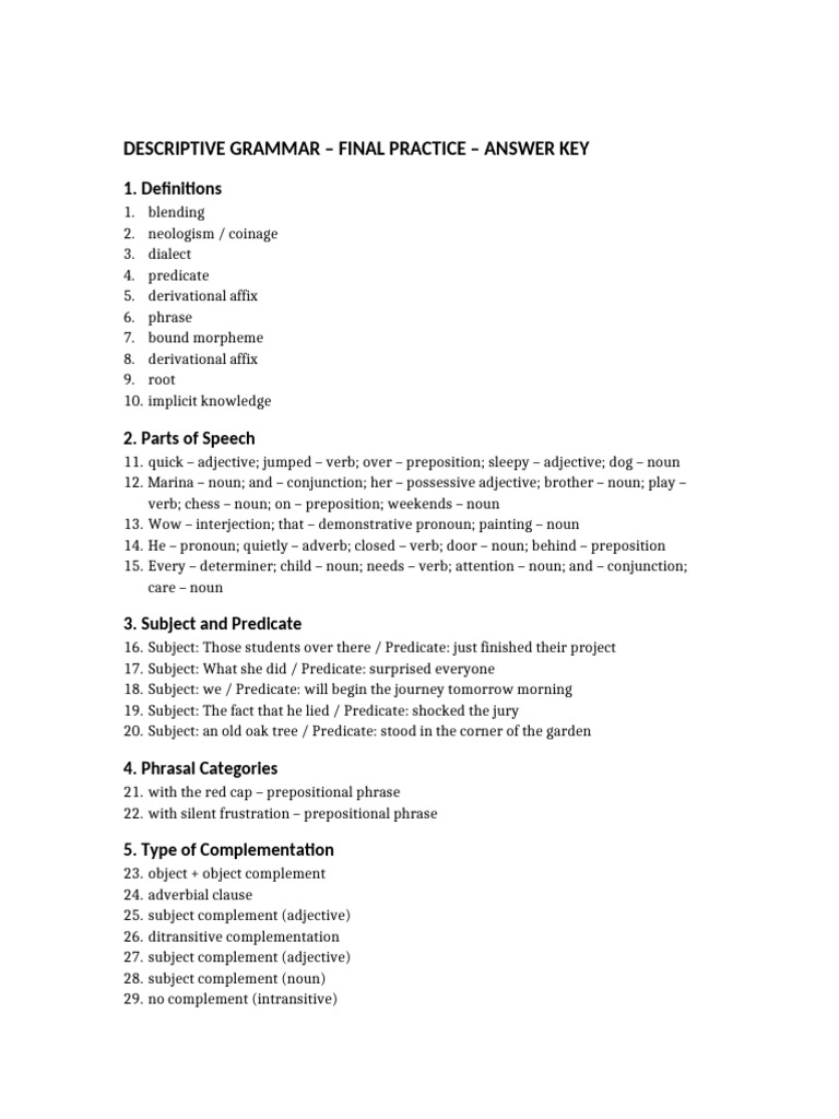 Descriptive Grammar Final Practice Key Jpdocx | PDF