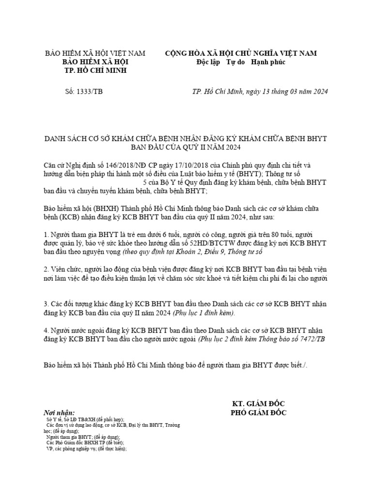 Danh Sach KCB Quy 2 2024 TP - HCM | PDF