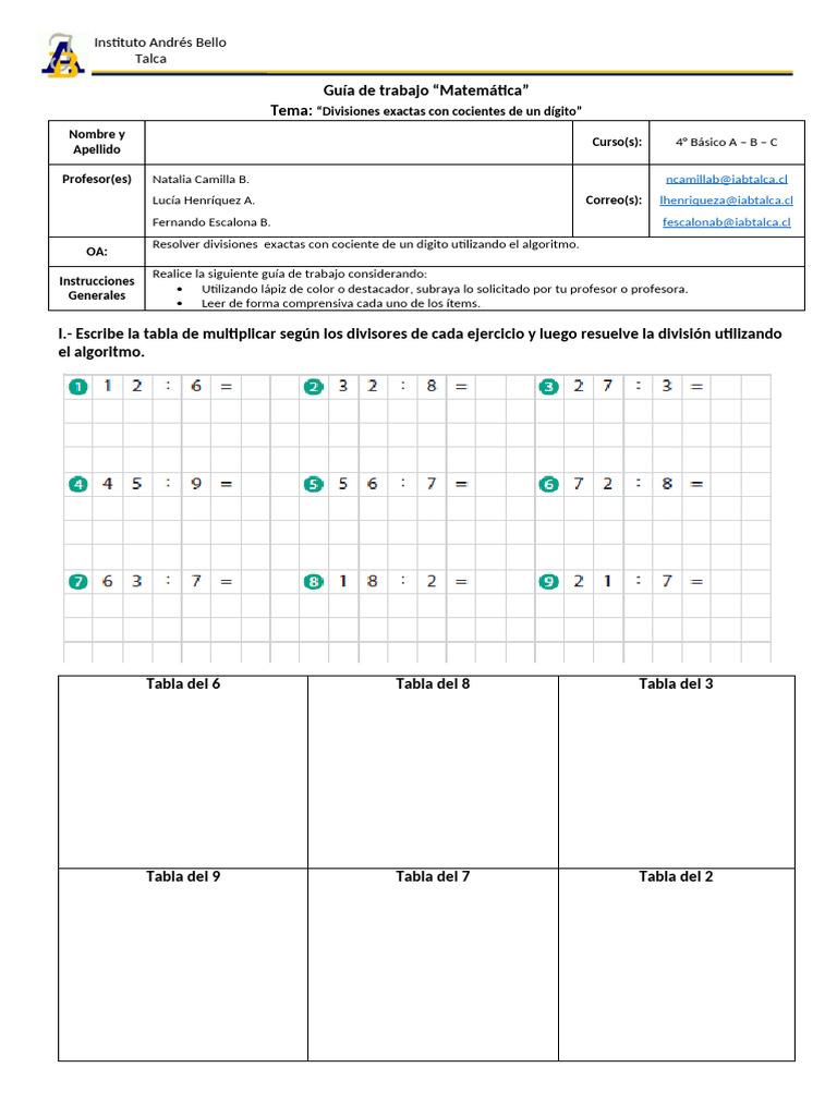 Divisiones Exactas Con Cociente de Un Dígito | PDF