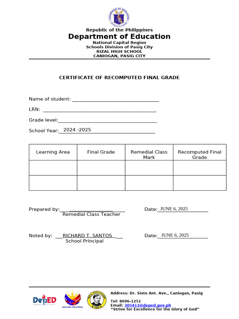 Certificate of Recomputed Final Grade | PDF