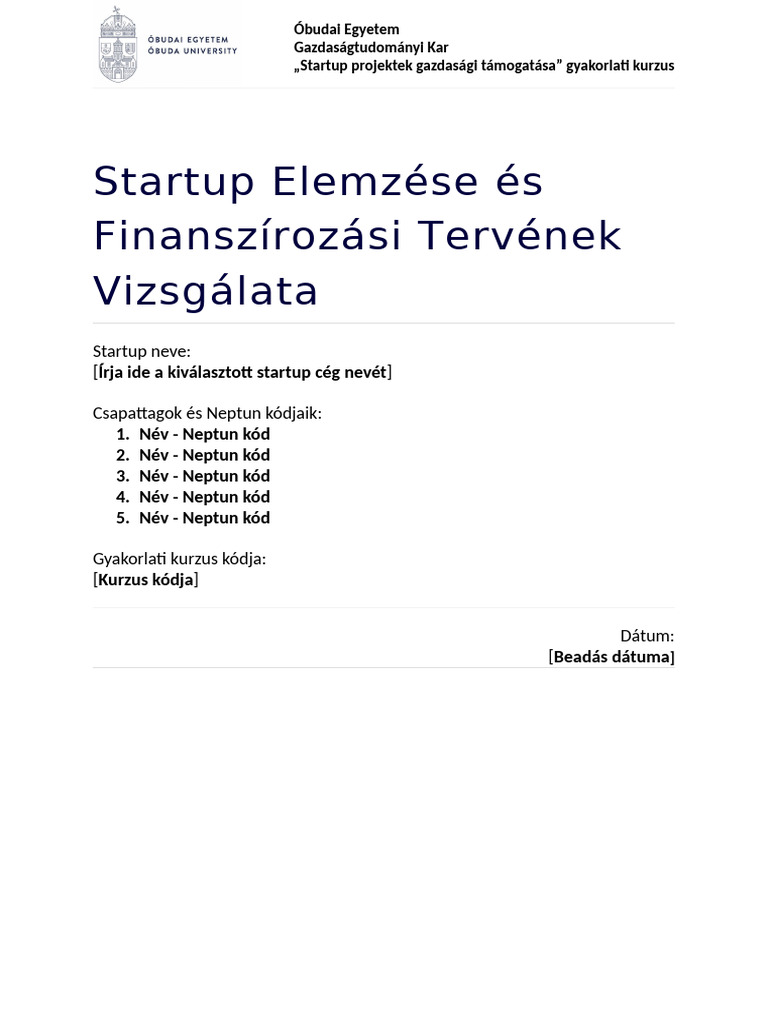 SABLON Beadando Startup Projektek Gazd Tam | PDF