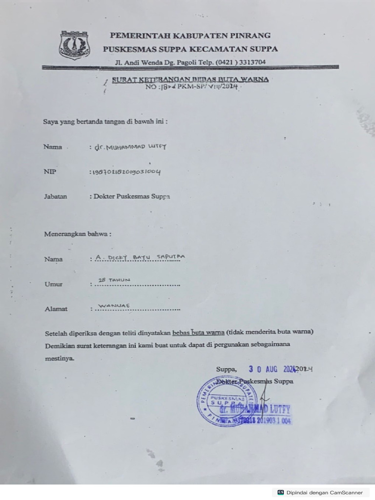 Surat Keterangan Bebas Buta Warna | PDF