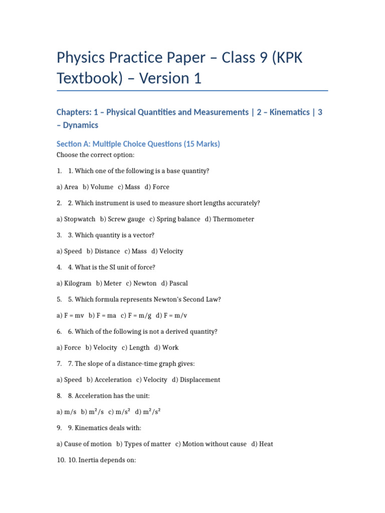 Class 9 KPK Physics Practice Paper | PDF | Acceleration | Force