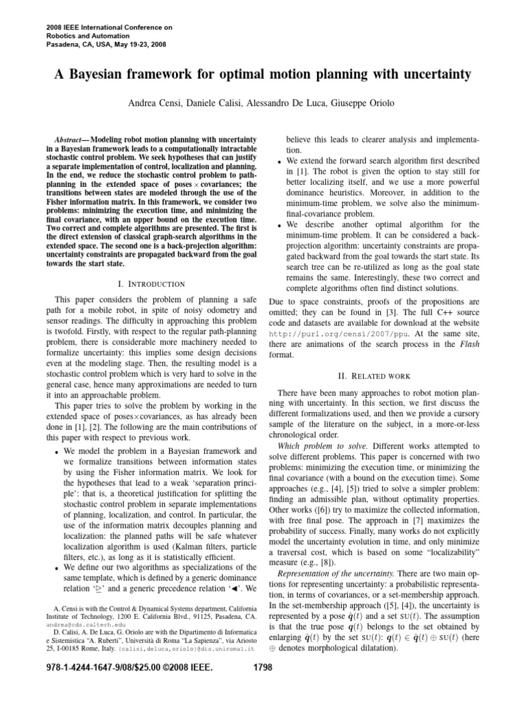 A Bayesian Framework For Optimal Motion Planning With Uncertainty | PDF ...