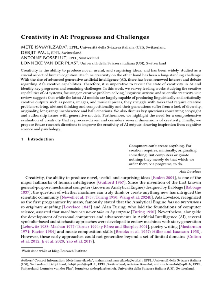 Creativity in AI: Progresses and Challenges: Mete Ismayilzada, Debjit Paul, Antoine Bosselut ...