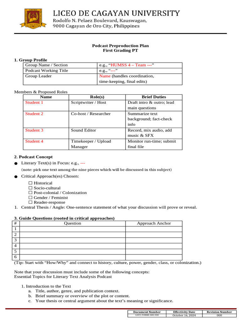 Podcast Preproduction Plan | PDF | Narrative | Narration