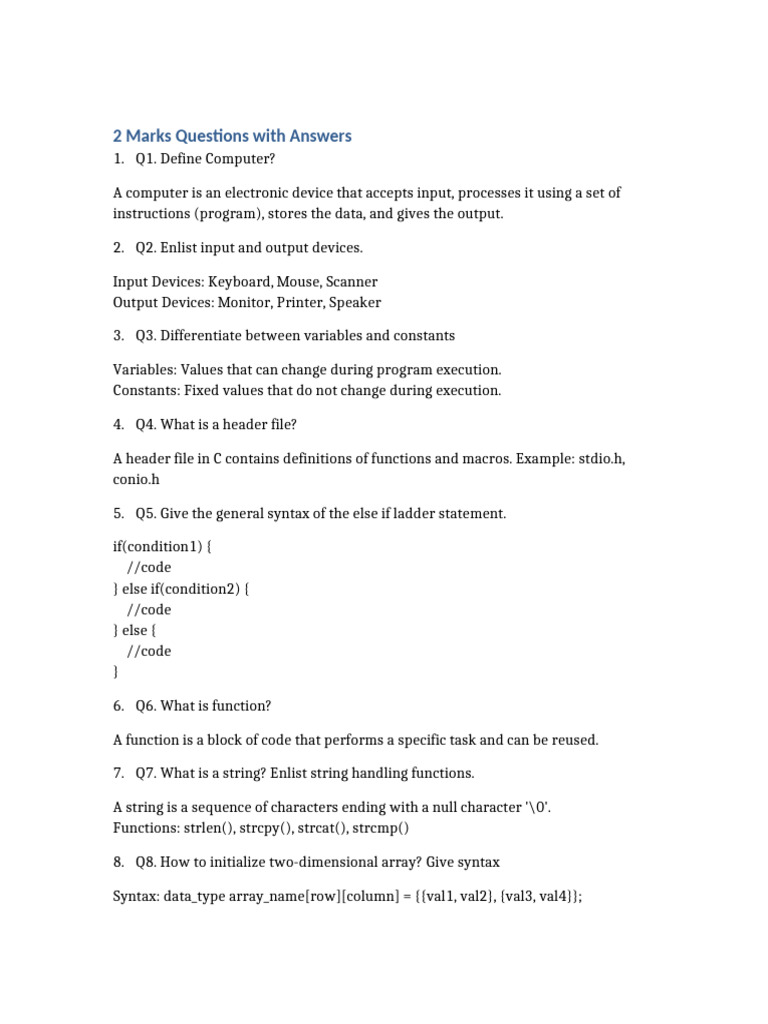 2 Marks Questions Answers | PDF | Computer Program | Programming