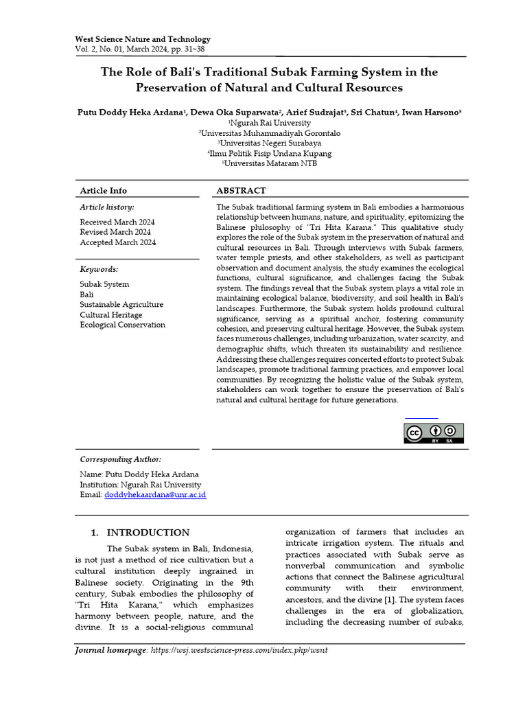 The Role of Bali's Traditional Subak Farming System in The Preservation ...