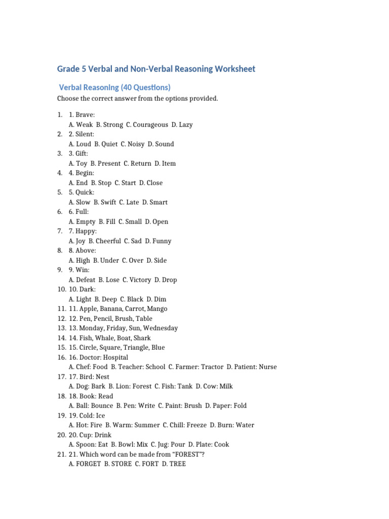 Grade 5 Verbal & Non-Verbal Reasoning | PDF