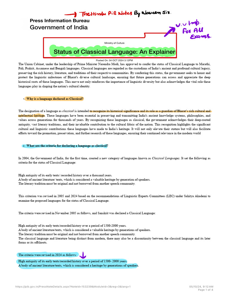 Press Note Details (PiB) - Classical Language | PDF | Languages Of ...