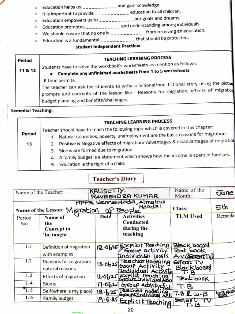 Model Teacher Diary Write in Teacher Hand Book - 5th Class EVS 19-Jul ...