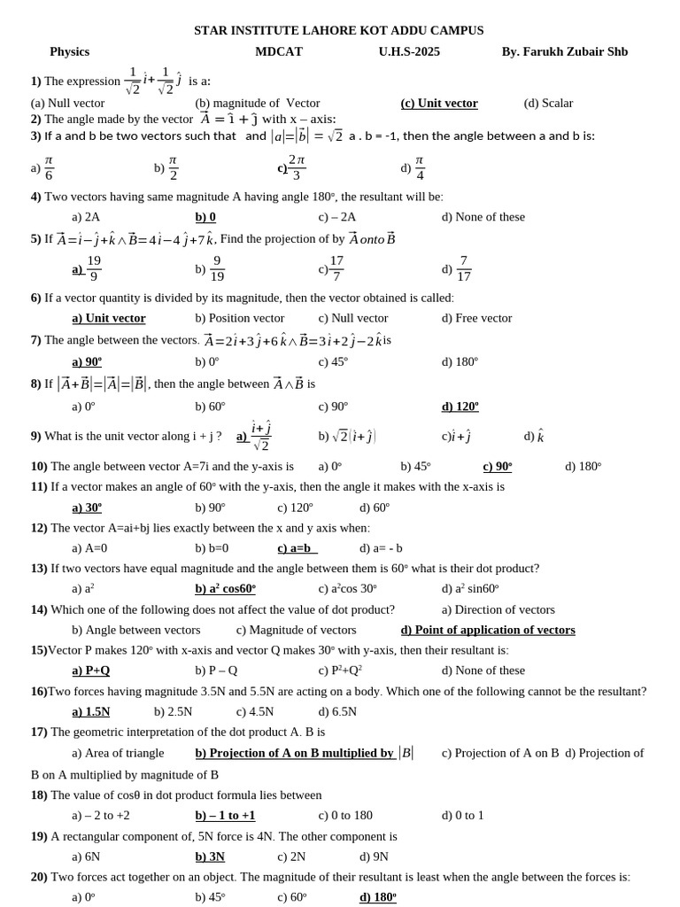 Physics MDCAT Vectors NEW | PDF | Euclidean Vector | Angle