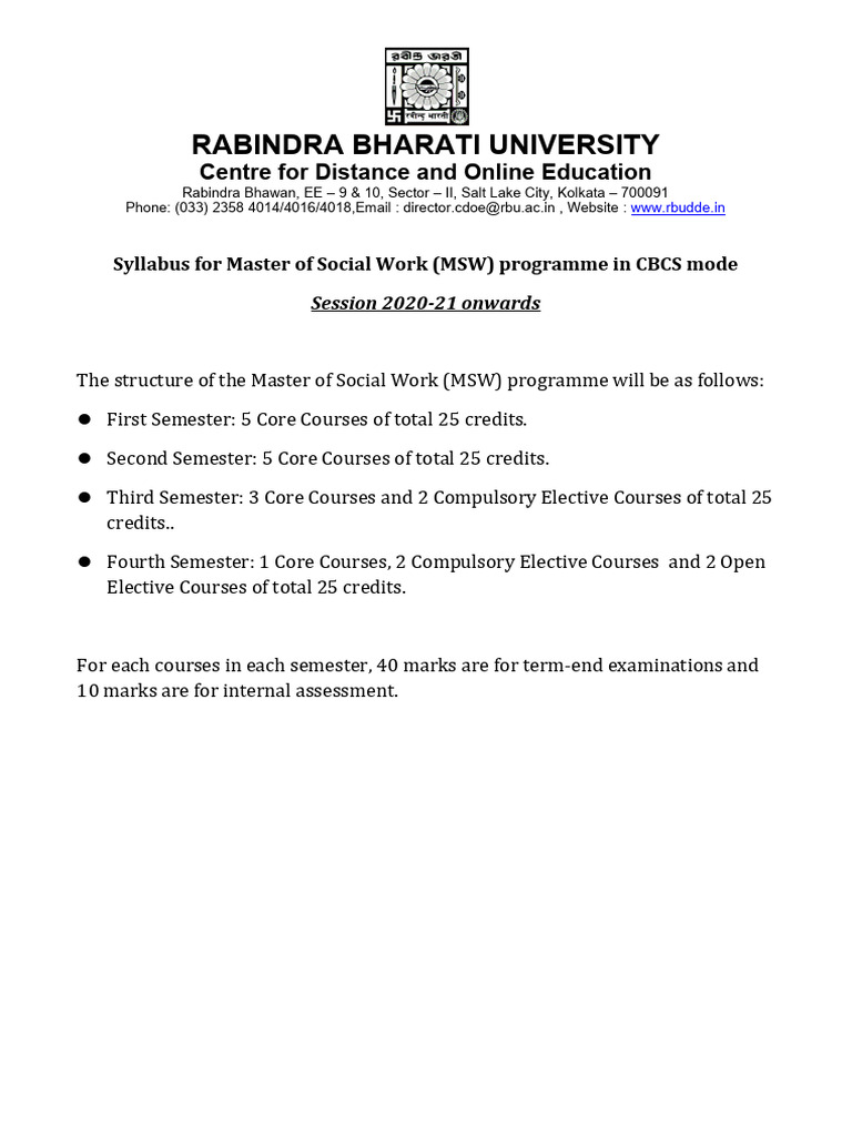 Syllabus of Master of Social Work With CBCS Mode | PDF | Social Work