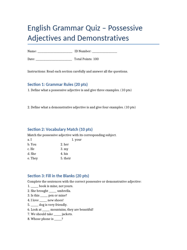 Possessive Demonstrative Quiz Advanced | PDF