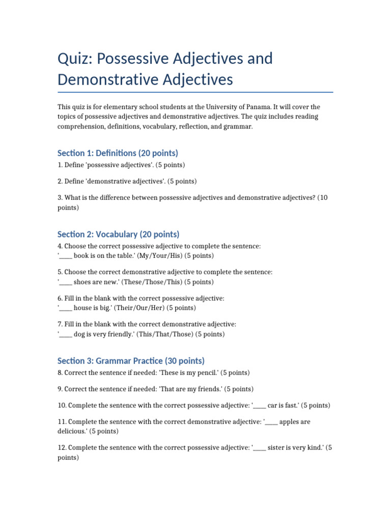 Possessive and Demonstrative Adjectives Quiz | PDF