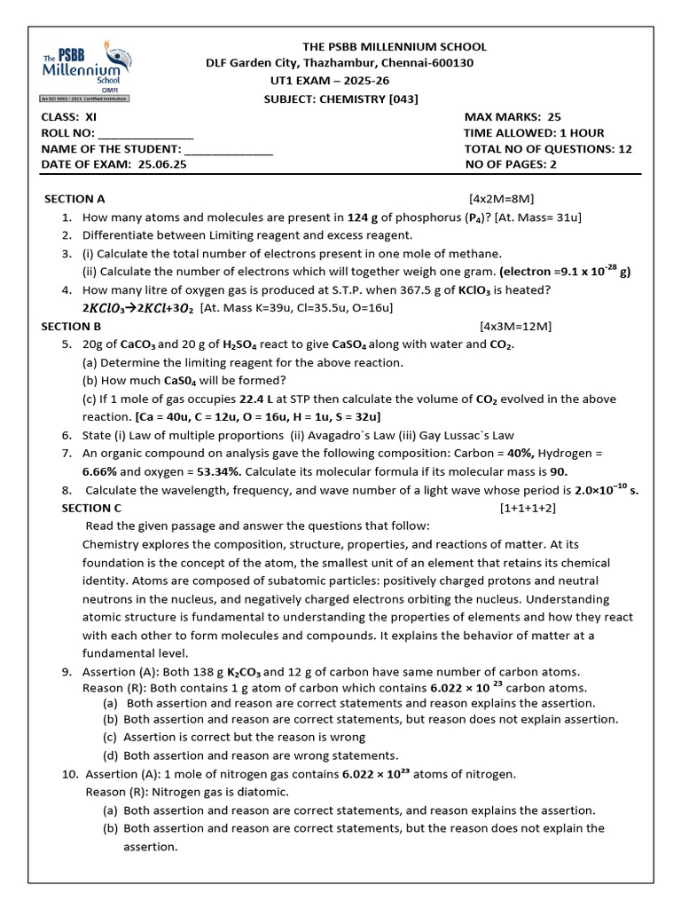 11-Ut1-Qp-Chemistry - New-2025 | PDF | Atoms | Atomic Nucleus