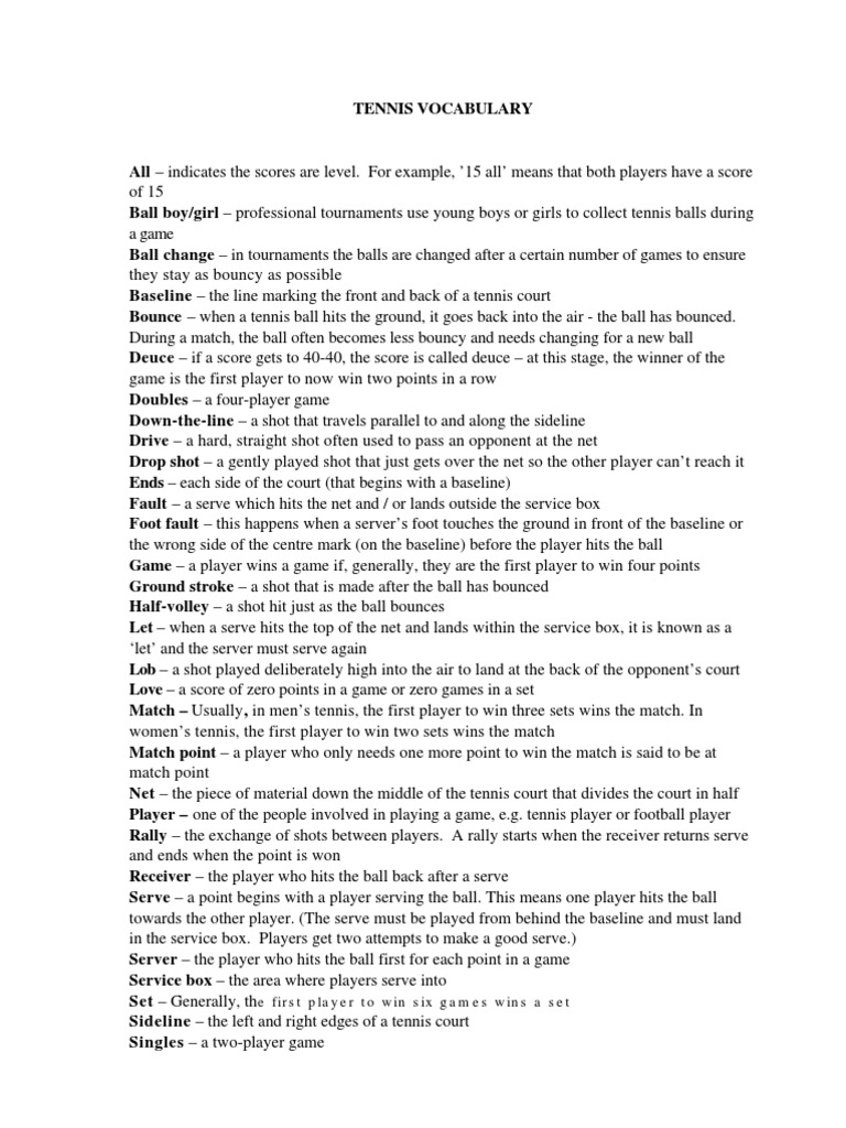 Essential Tennis Vocabulary Guide | PDF | Games Of Physical Skill ...