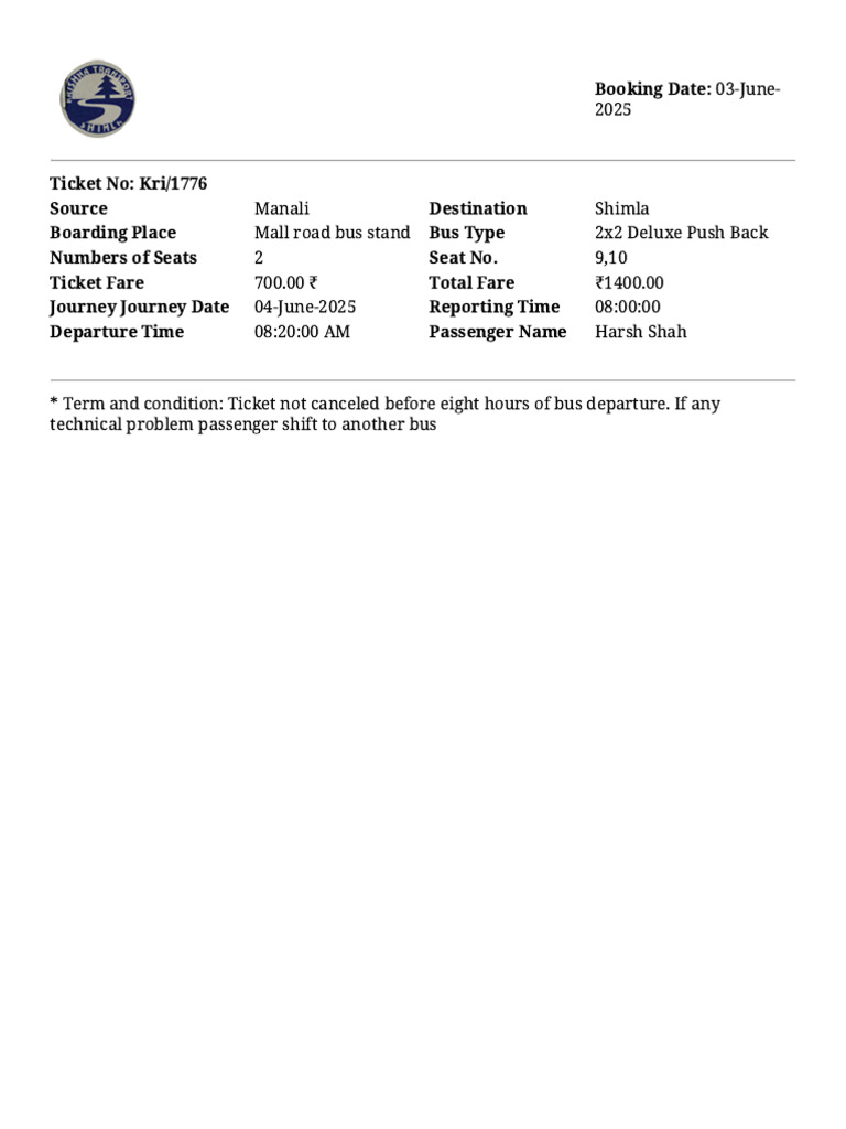 Manali to Shimla Bus Ticket Details | PDF