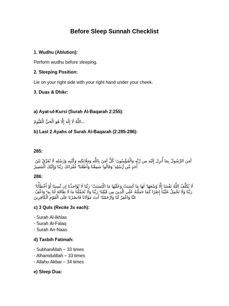 Before Sleep Sunnah Checklist | PDF