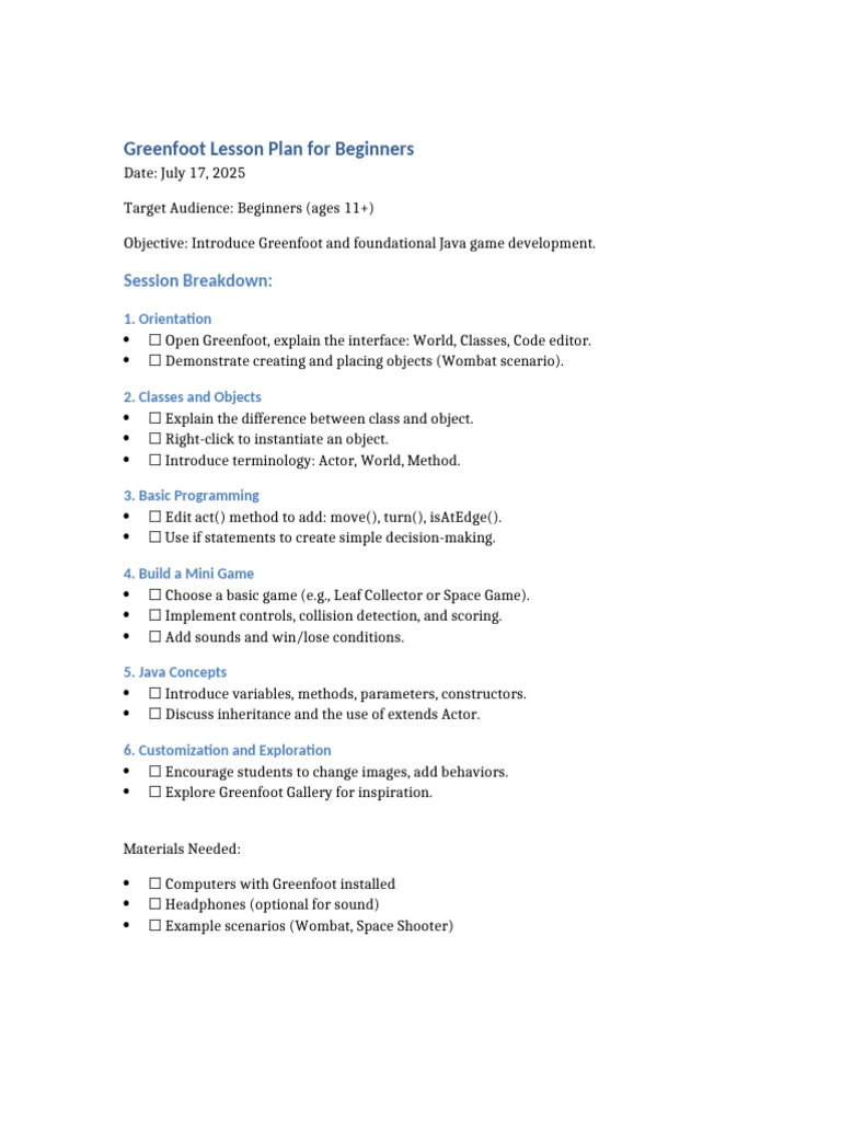 Greenfoot Lesson Plan Printable | PDF