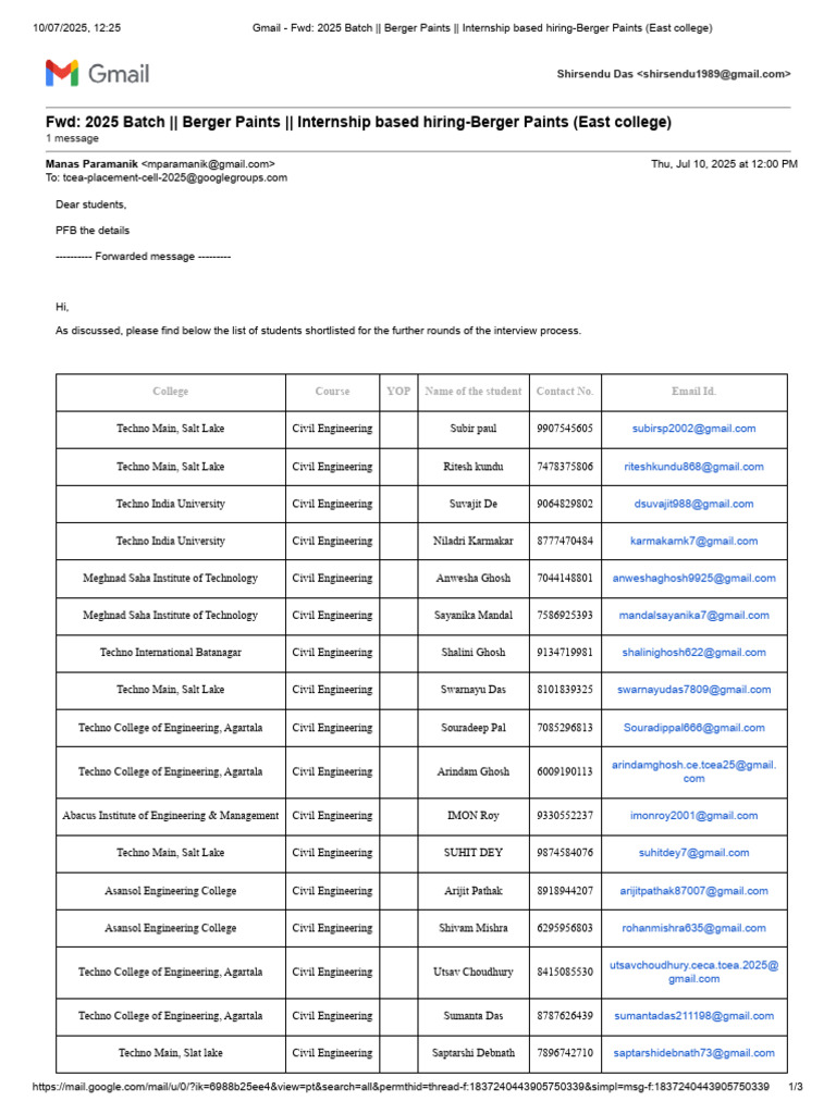 Gmail - FWD - 2025 Batch - Berger Paints - Internship Based Hiring ...